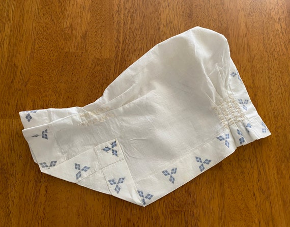 Antique 1800s Bonnet White Cotton Blue Stamped Hand S… - Gem