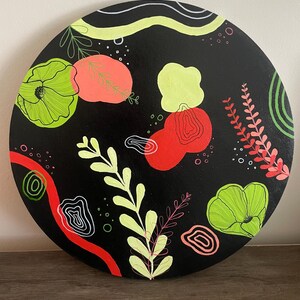 Original Abstract Painting on Round Canvas, Vibrant Green and Red ...