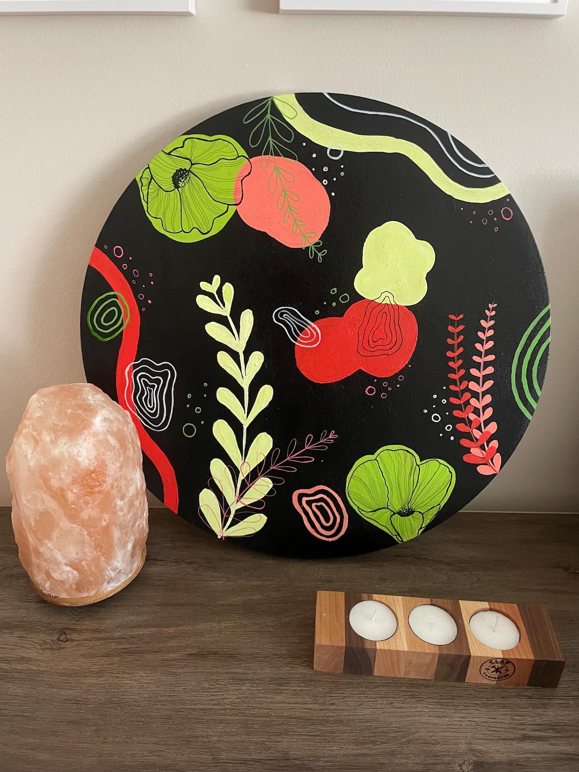 Original Abstract Painting on Round Canvas, Vibrant Green and Red ...