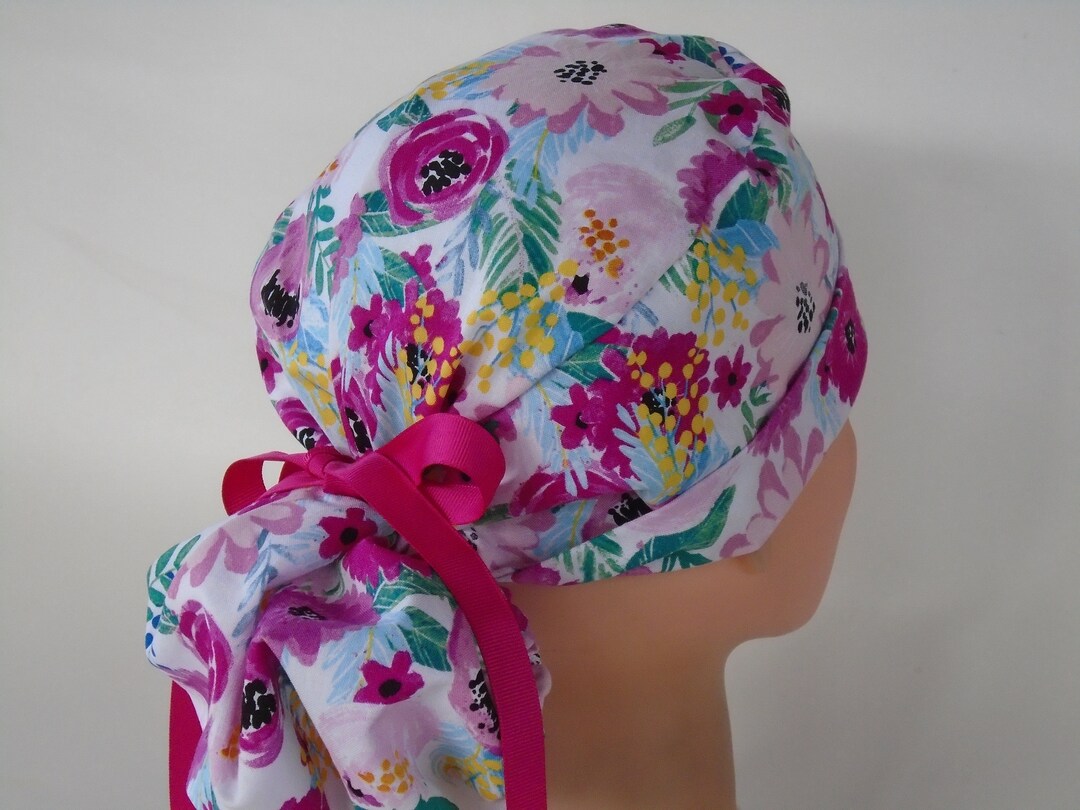 Hot Pink Poppies Ponytail - Womens Lined Surgical Scrub Cap, Scrub Hat ...