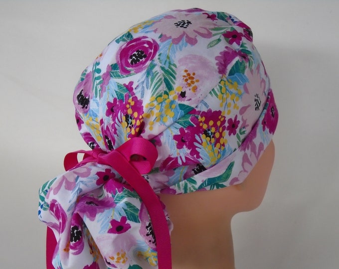 Hot Pink Poppies Ponytail Womens Lined Surgical Scrub Cap, Scrub Hat ...