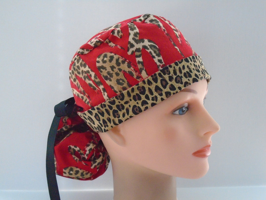 Red Leopard Ponytail - Womens Lined Surgical Scrub Cap, Scrub Hat ...
