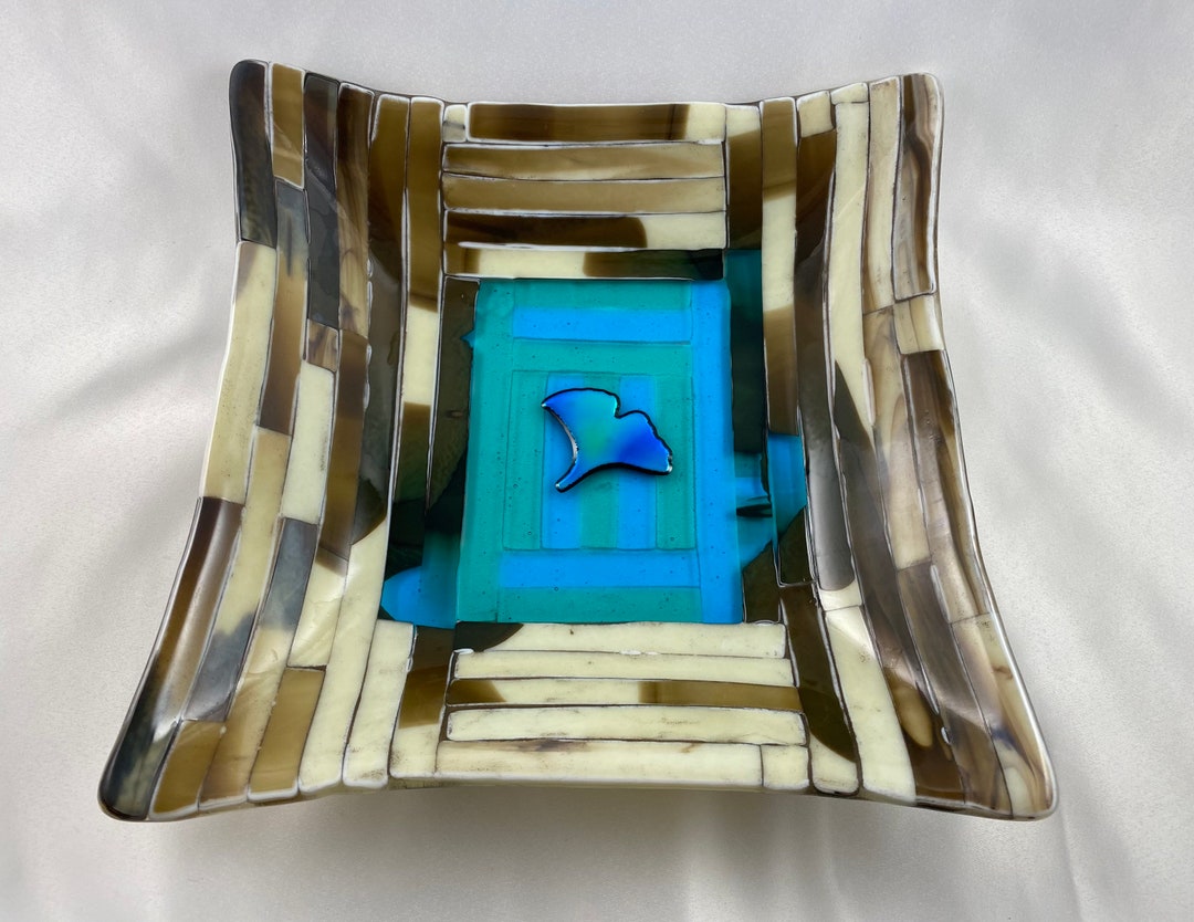 Fused Glass Bowl: Brown Brick Mosaic With Dichroic Ginkgo Leaf - Etsy