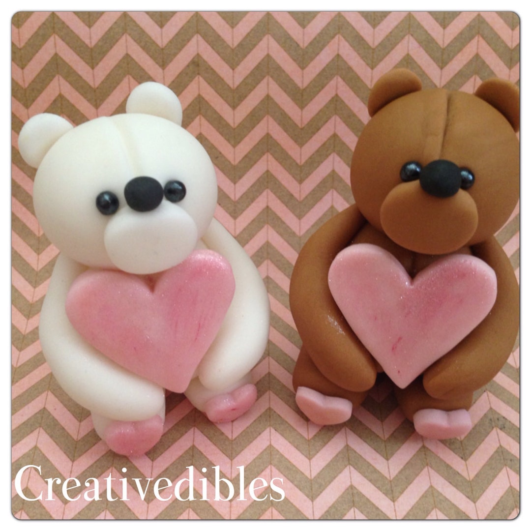Edible Fondant Cake Topper- White Teddy or Brown Bear With Pink Heart ...