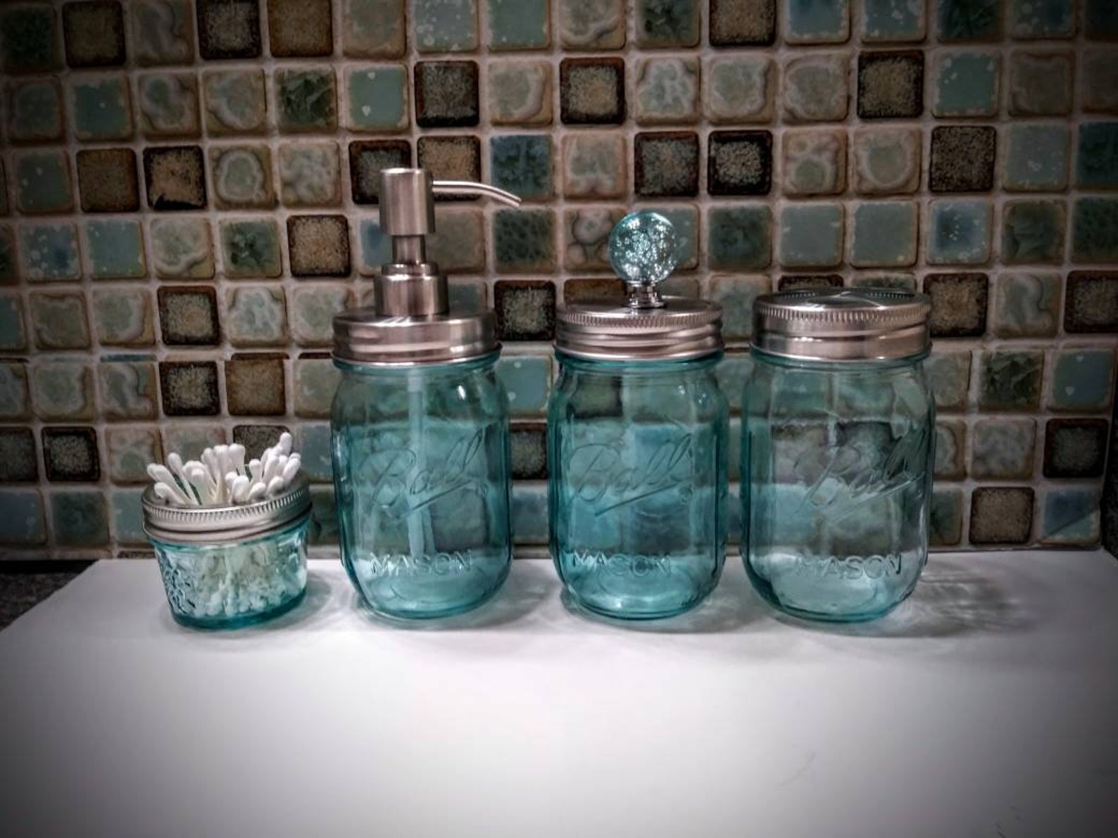 4 Piece Rustic Aqua Blue Mason Jar Bathroom Set/ With Glass - Etsy