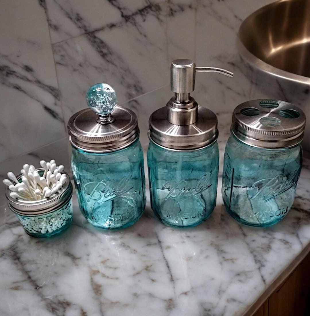 4 Piece Rustic Aqua Blue Mason Jar Bathroom Set/ With Glass Knob/ Boho ...