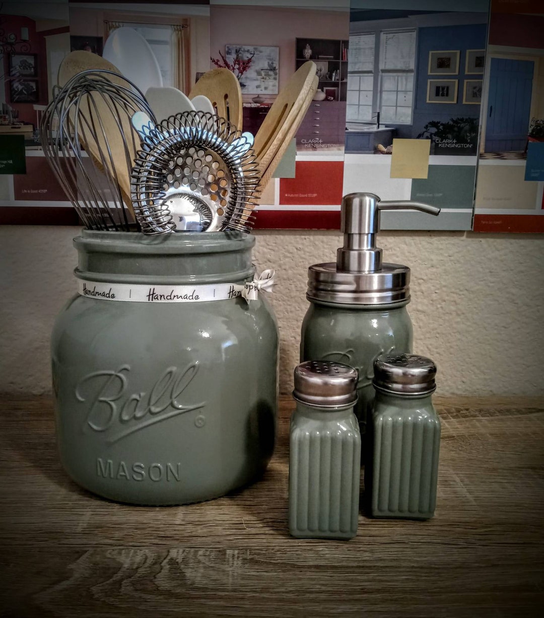 Sage Green Rustic Kitchen Utensils Holder/mother's Day/farmhouse Mason ...