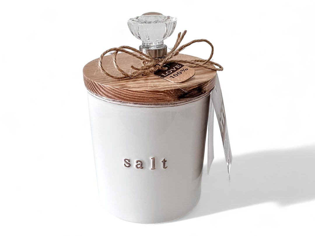 White Salt Cellar With Crystal Top Ceramic Storage Jar Stoneware ...
