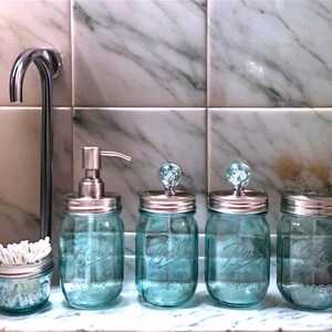 4 Piece Rustic Aqua Blue Mason Jar Bathroom Set/ With Glass Knob/ Boho ...