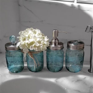 4 Piece Rustic Aqua Blue Mason Jar Bathroom Set/ With Glass Knob/ Boho ...