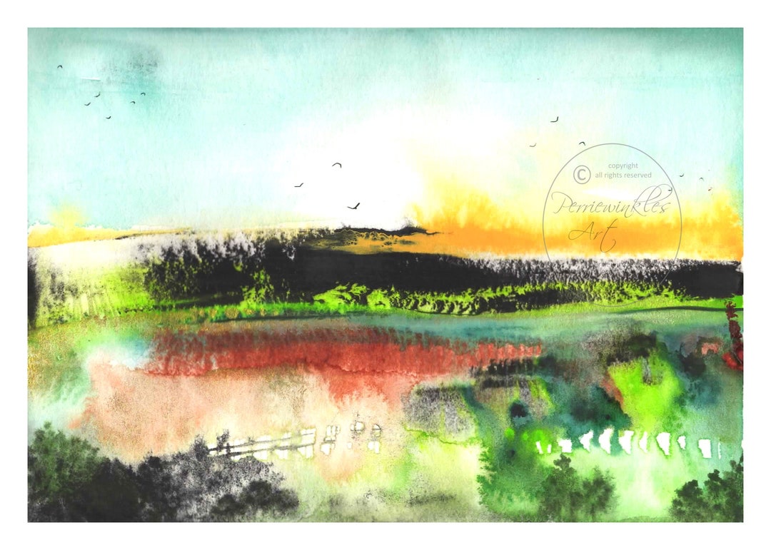 Watercolor Landscape Abstract Storm Sunrise Sunset Gift Clouds Birds ...