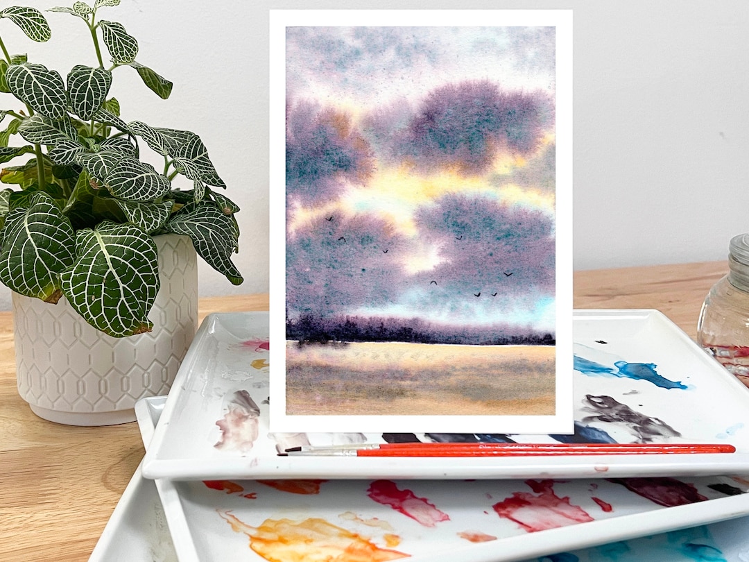 Watercolor Landscape Abstract Storm Sunset Tropical Seascape Ocean Gift ...