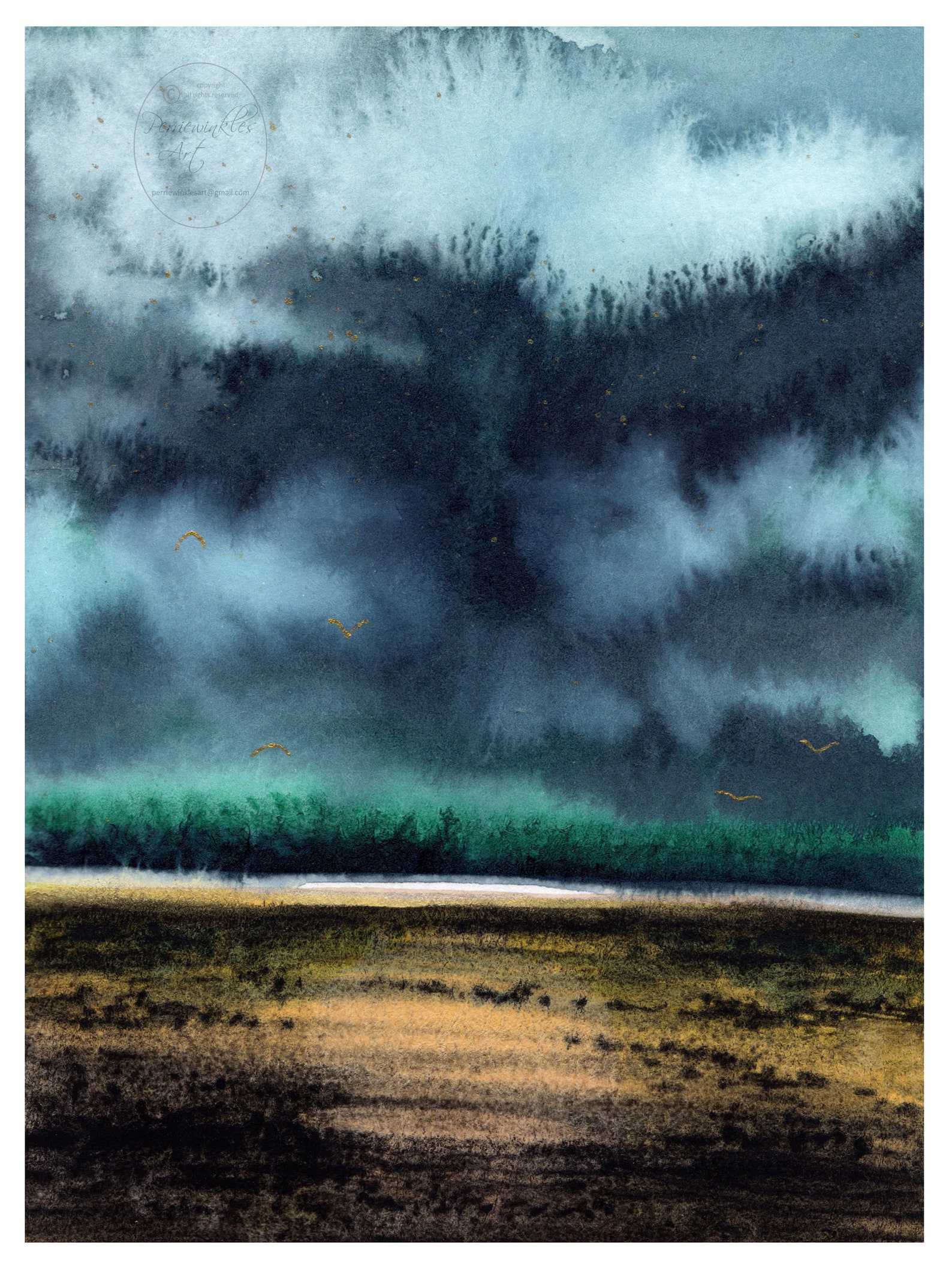 Watercolor Fine Art Landscape Storm Thunder Dark Clouds Sky Midwest ...
