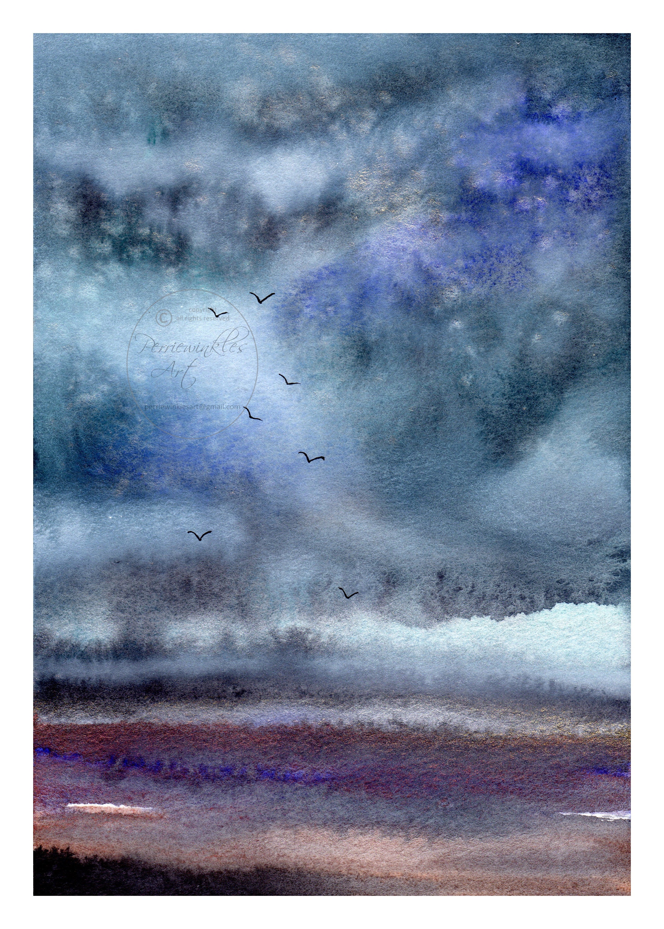 Watercolor Landscape Storm Clouds Dark Sky Ocean Water Sea Night Dark ...