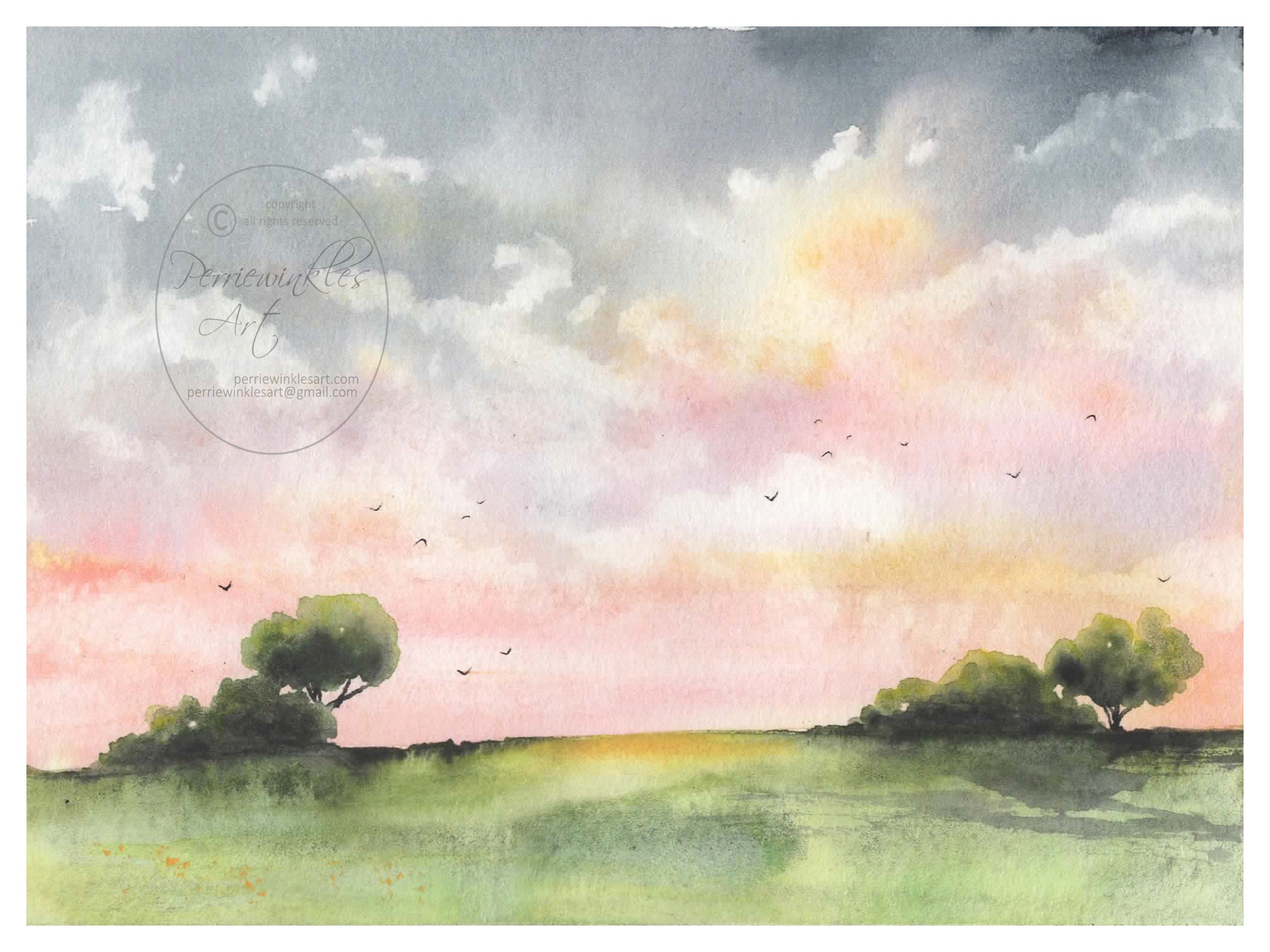 Sunset Watercolor Landscape Paintings