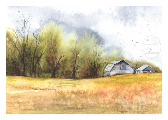 Farm Landscape Watercolor Paintings Original Landscape Farm Watercolor