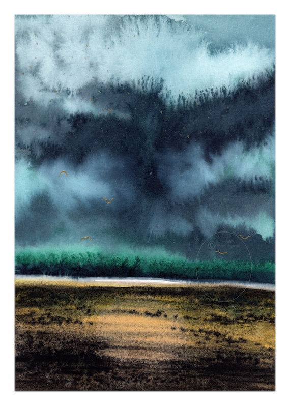 Watercolor Fine Art Landscape Storm Thunder Dark Clouds Sky - Etsy