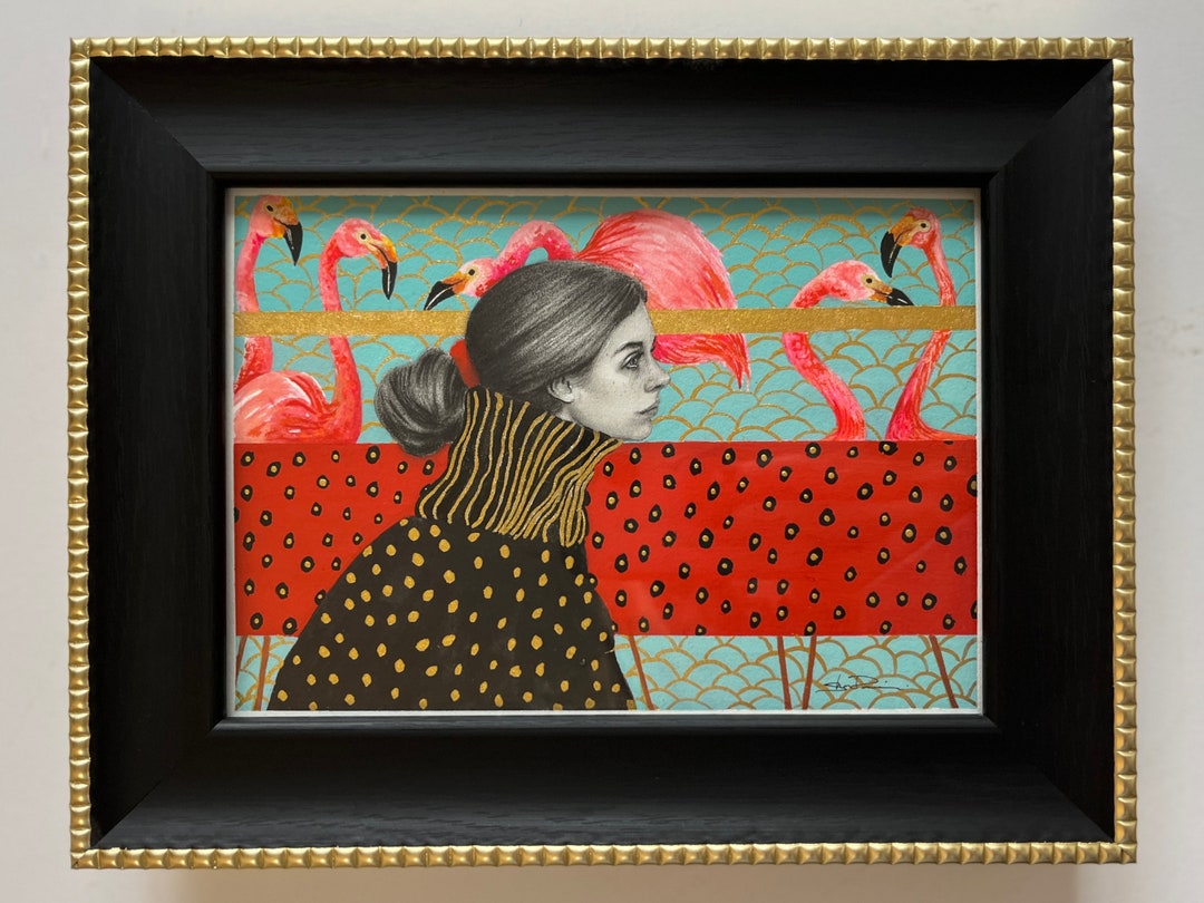 Original Painting - NOT a Print, Flamingo Weird Surreal Portrait Art ...