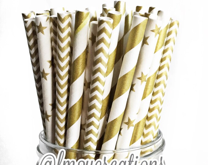 Gold Straws Combo Stripe Metallic Gold Paper Straws Cake - Etsy