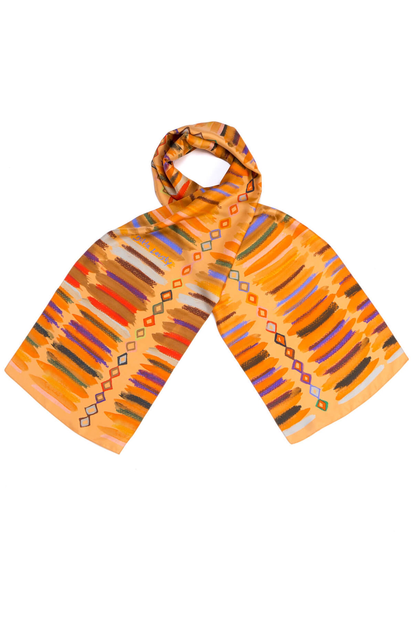 Orange Printed Silk Scarf With Stripes, Long Colorful Silk Twill ...