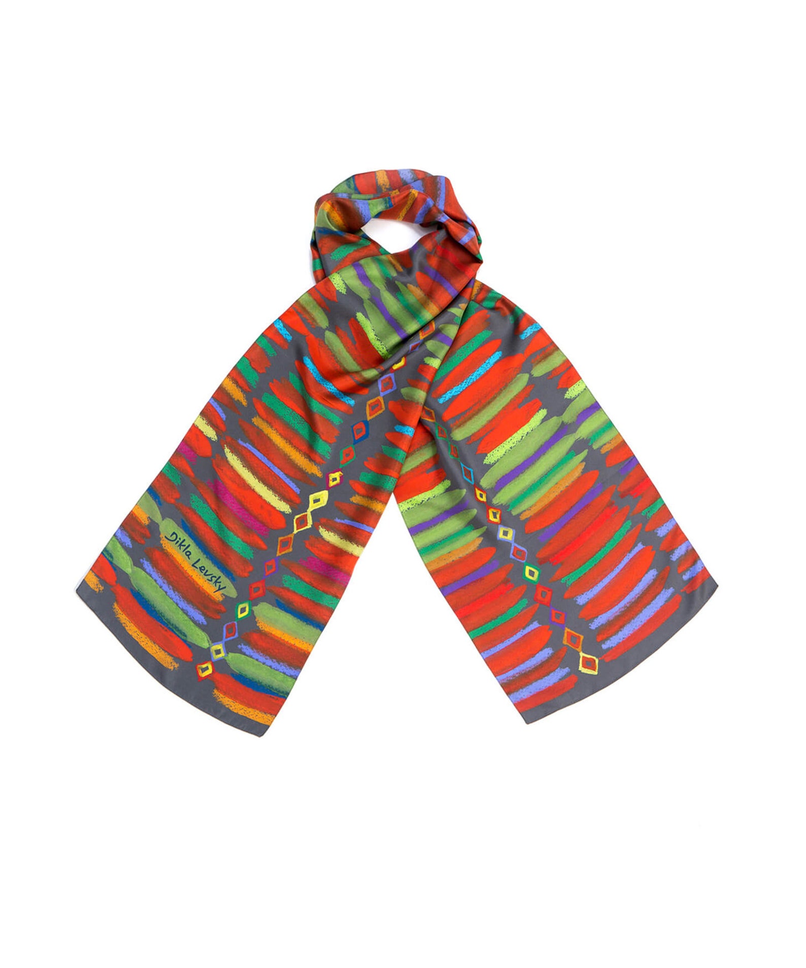 Orange Printed Silk Scarf With Stripes, Long Colorful Silk Twill Designer Shawl, Made in Italy ...