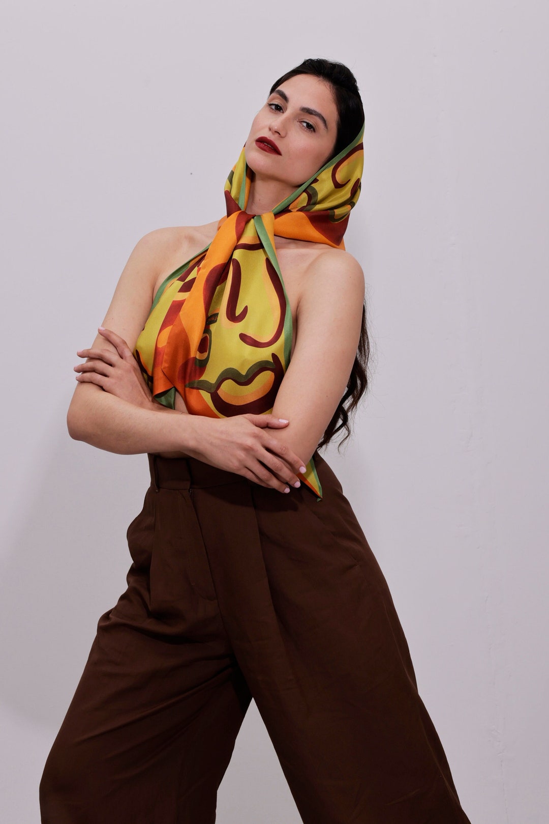 Printed Silk Scarf in Vibrant Colors and Long Shape With Diagonal Edges ...