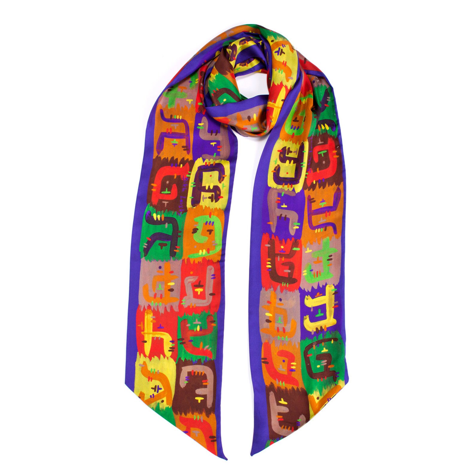 Printed Skinny Extra Long Scarf, Purple Double Sided Twill Silk, Made ...