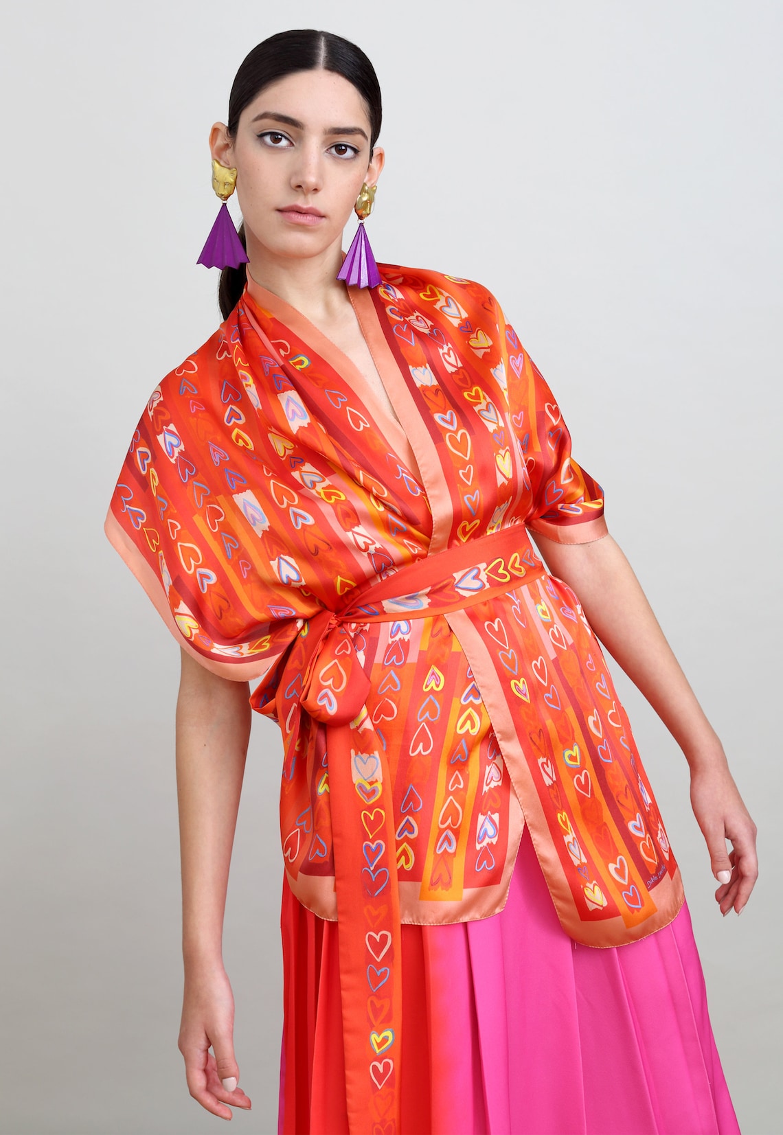 Red printed silk scarf with hearts made from light and airy | Etsy