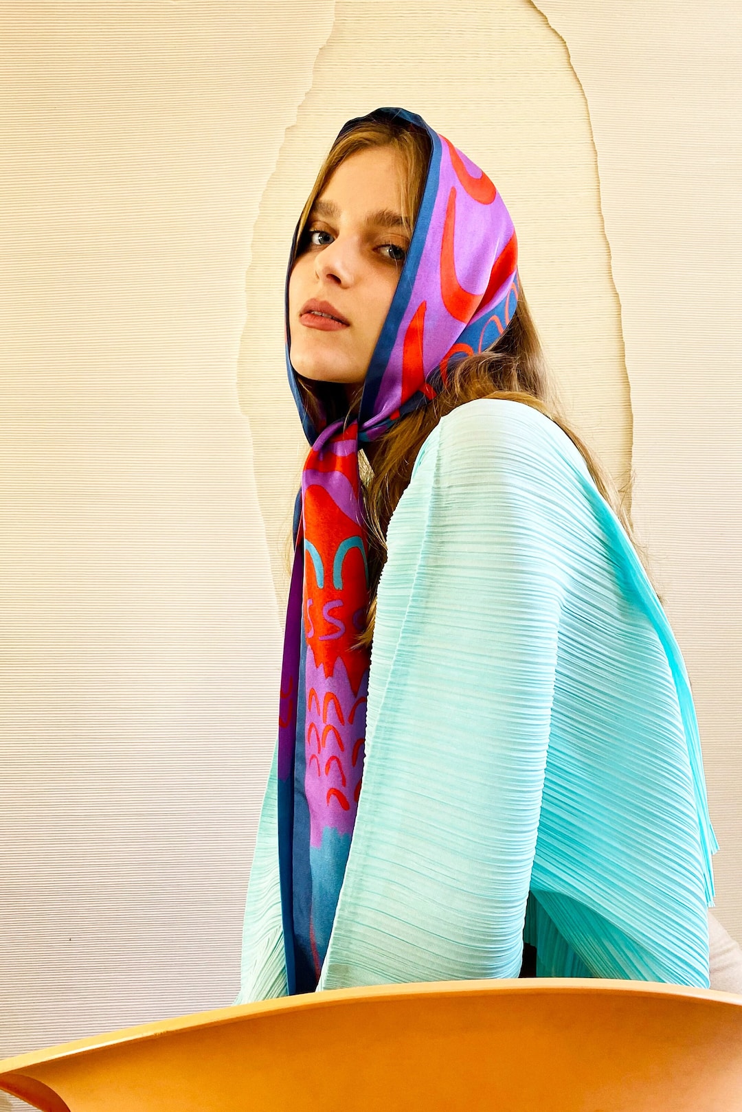 Narrow Printed Silk Twill Scarf in Vibrant Red and Purple, Straight ...
