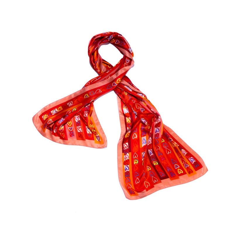 Red Printed Silk Scarf With Hearts, Made From Light and Airy Silk Satin ...