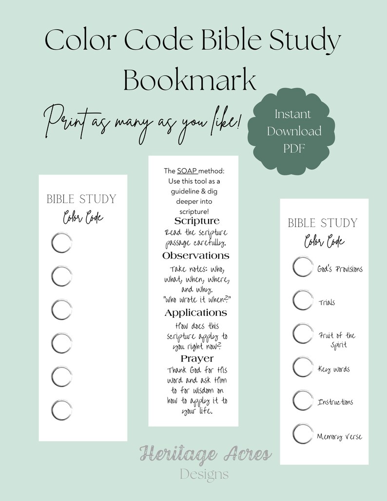 Printable Bible Color Code Bookmarks 5 PDF Printable Bookmark Options ...