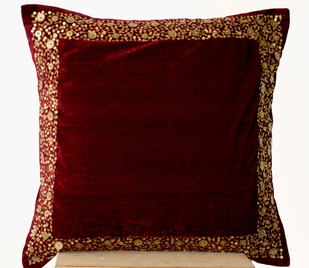Maroon Velvet Decorative Throw Pillow Cover, Luxe Velvet Cushion Gold ...