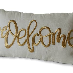 Welcome Pillow, Guest Room Pillow, Party Decor Pillow, Ivory Linen ...