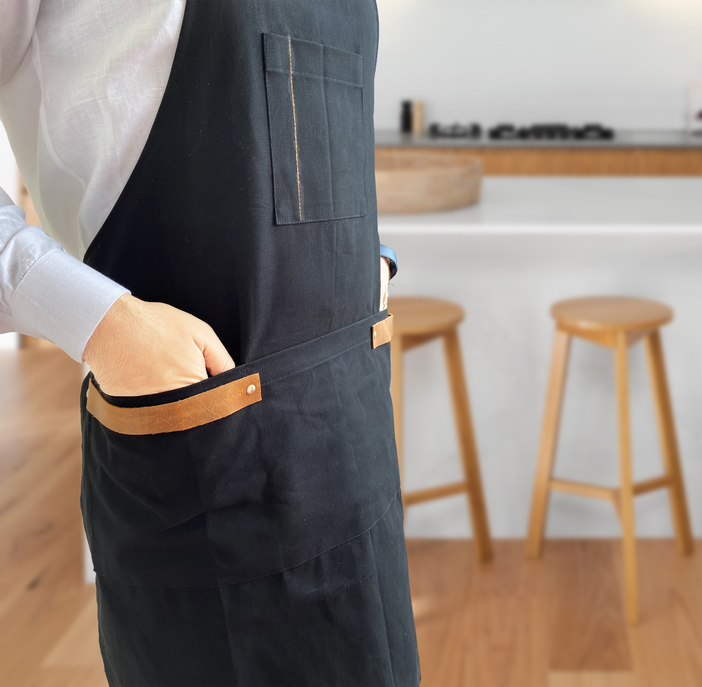 Black Canvas Apron With Adjustable Real Leather Straps, Customizable ...