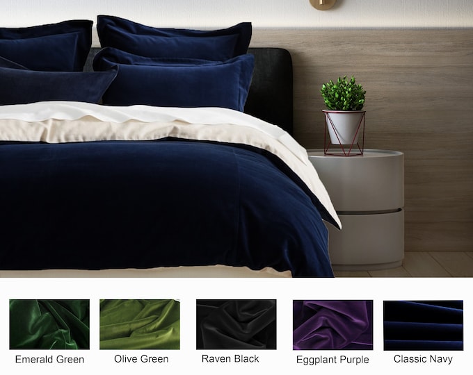 Cotton Velvet Duvet Cover Set, Navy Blue Cotton Velvet Bedding, Velvet ...