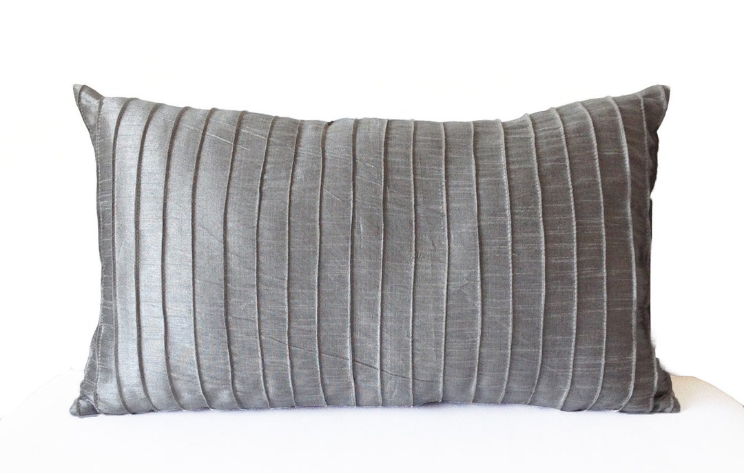 Grey Faux Silk Pleated Textured Pillow Cover, Lumbar Pillow, Grey ...