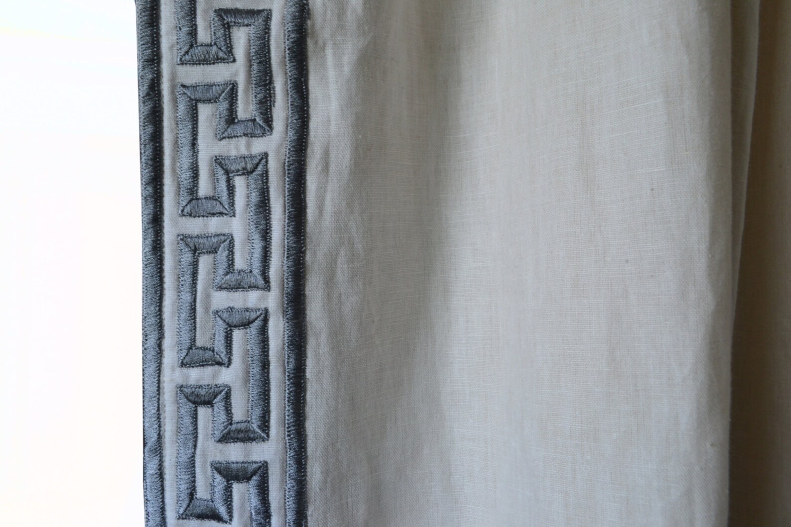 White Linen Curtain Drape, Greek Key Embroidery Curtain, Window Curtain ...