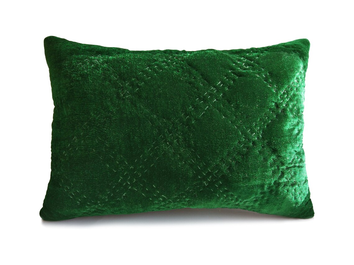 Emerald Green Velvet Pillow Cover, Handmade Pick Stitch Pillow, Quilted ...
