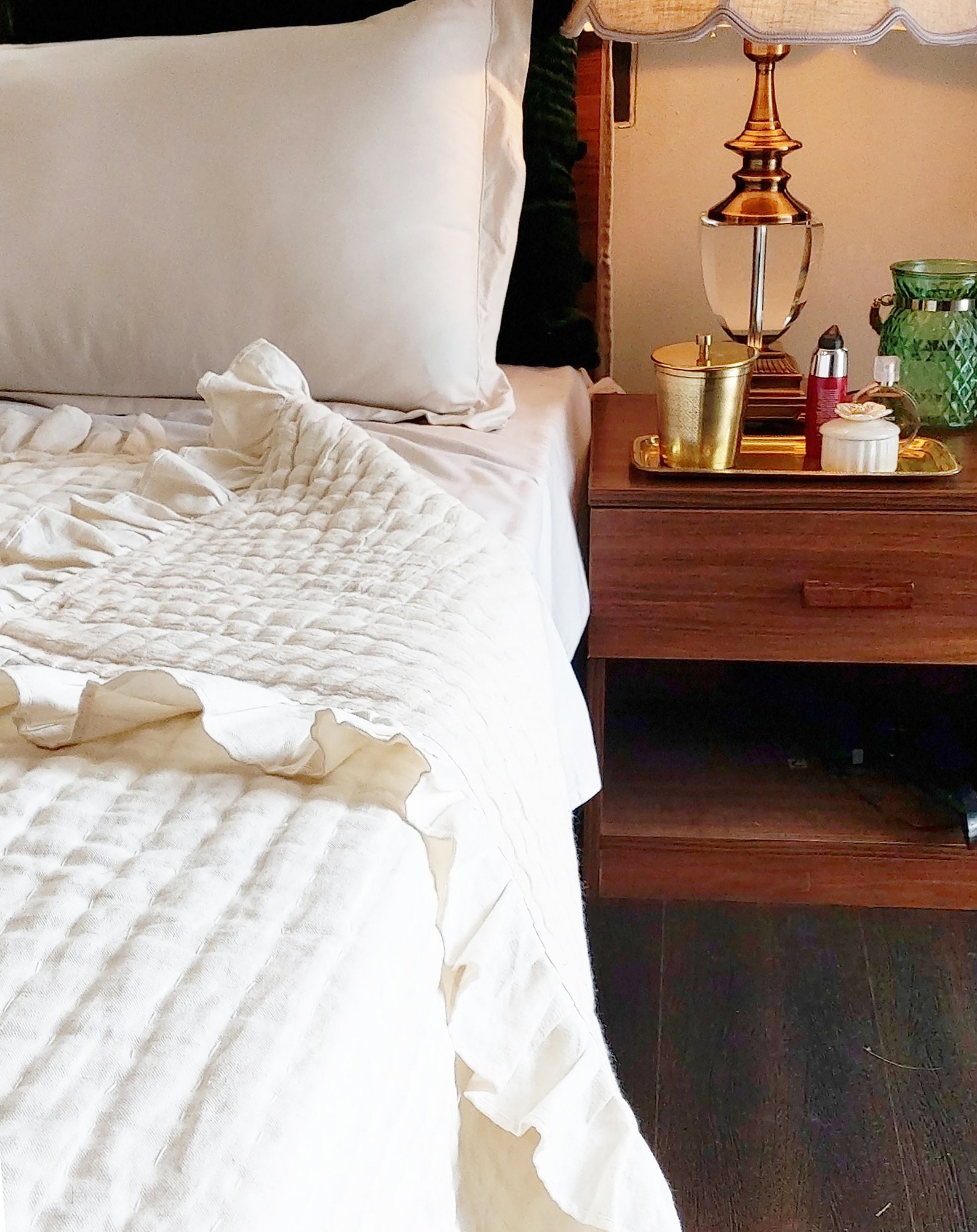 Ivory Linen Quilt With Ruffle Edge – Handmade Linen Coverlet With ...