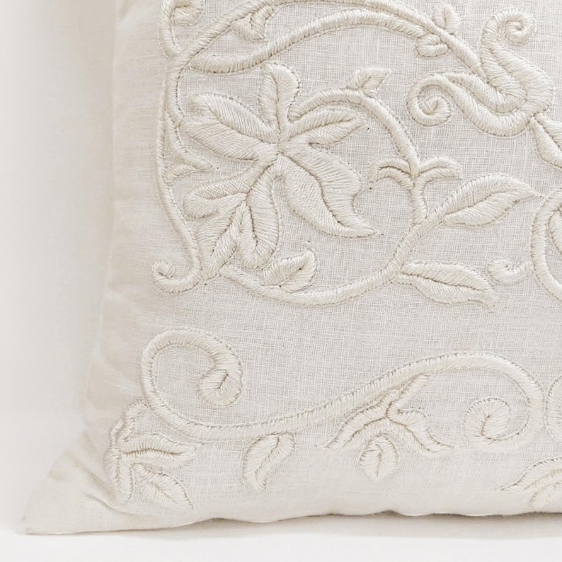 White Linen Hand Embroidered Pillow Cover: French Scroll Design, Custom ...