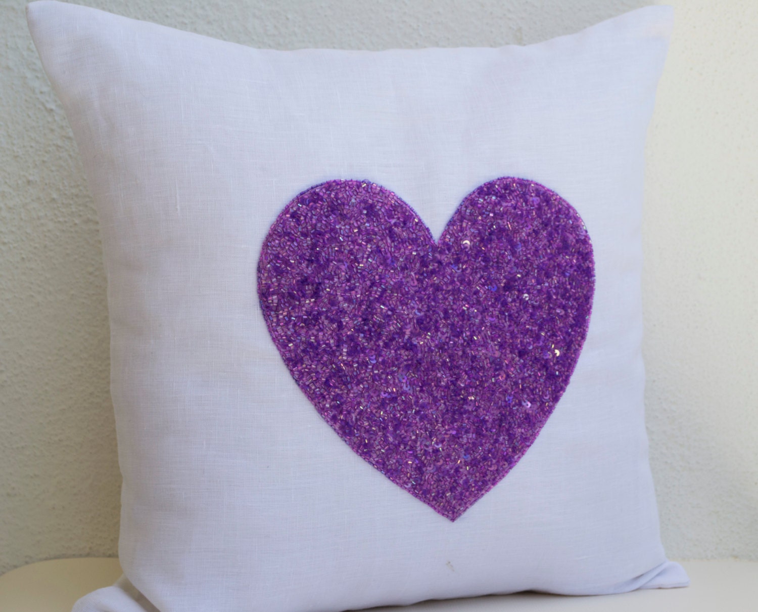 White linen heart pillow cover with purple sequin heart | Etsy