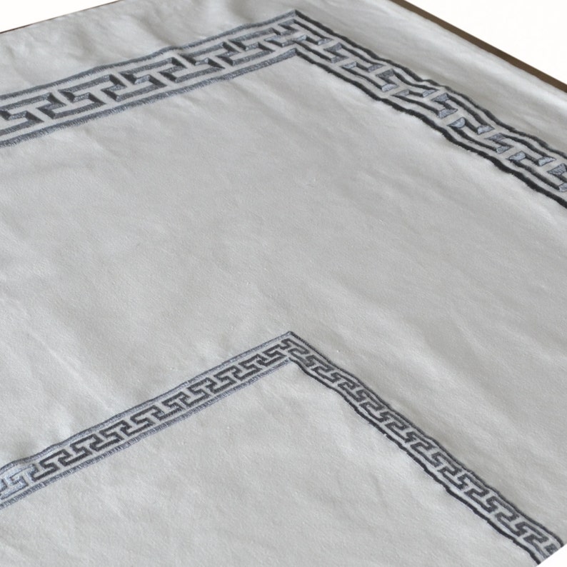 Table Cloth, White Cotton Table Linen, Gray Greek Key Embroidery ...
