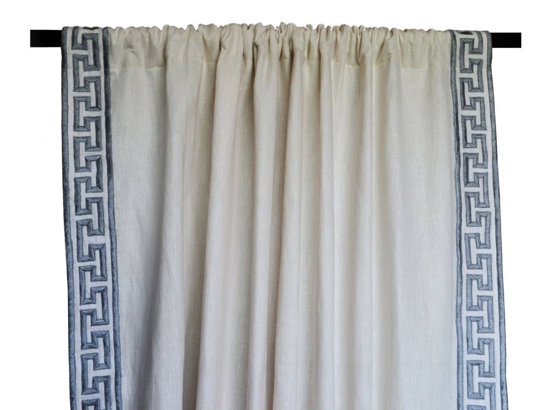 White Linen Curtain Drape Greek Key Embroidery Curtain - Etsy