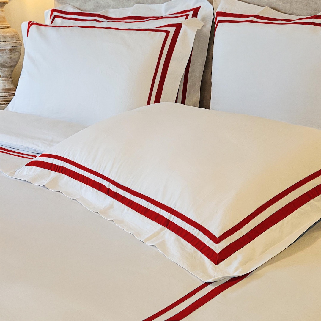 Red Trimmed Duvet Cover Set, 400TC Cotton Bedding, US UK AU Sizes, Bold ...
