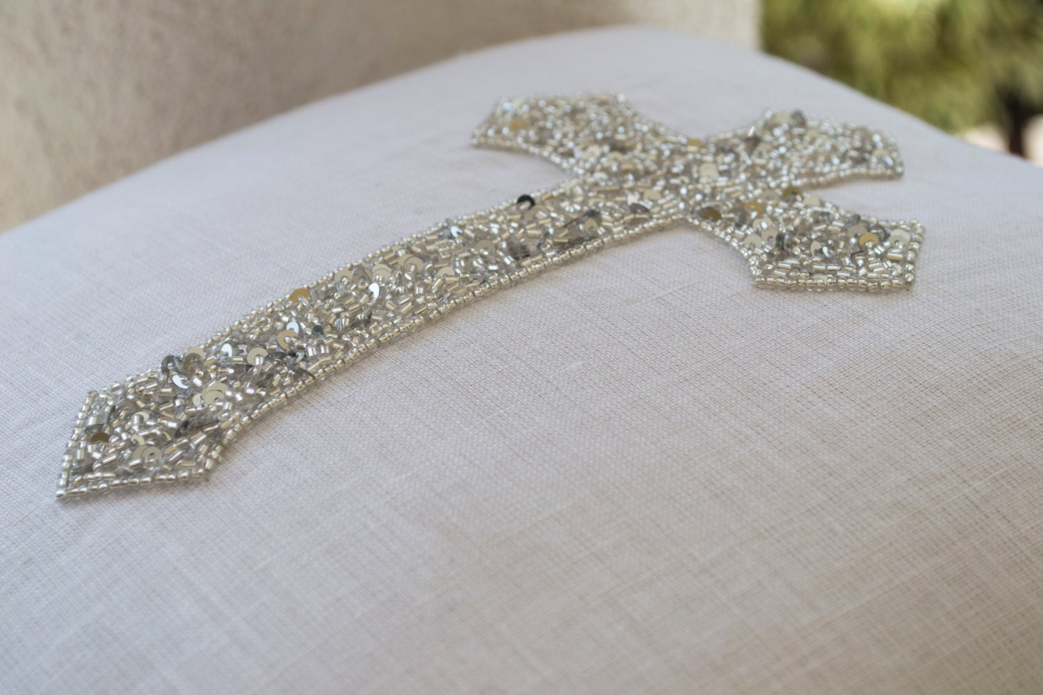 Silver Cross Pillow, White Linen Pillow Cover, Silver Sequin Pillow ...