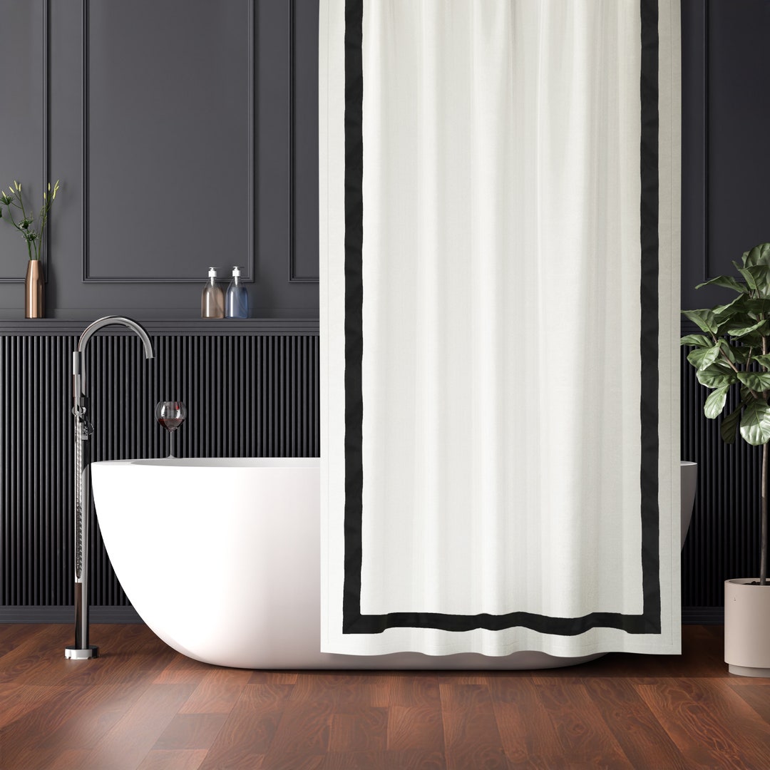 Ivory Shower Curtain With Black Trim, Cotton Shower Curtain, Custom ...