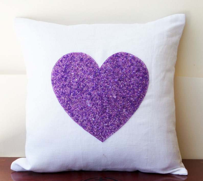 White Linen Heart Pillow Cover With Purple Sequin Heart - Etsy
