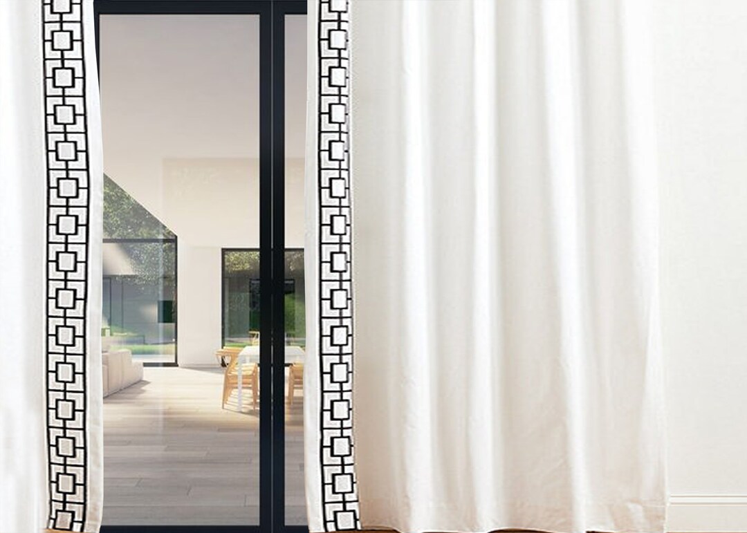 Custom Tailored Linen Drapery With Embroidery, Ivory Black Window ...