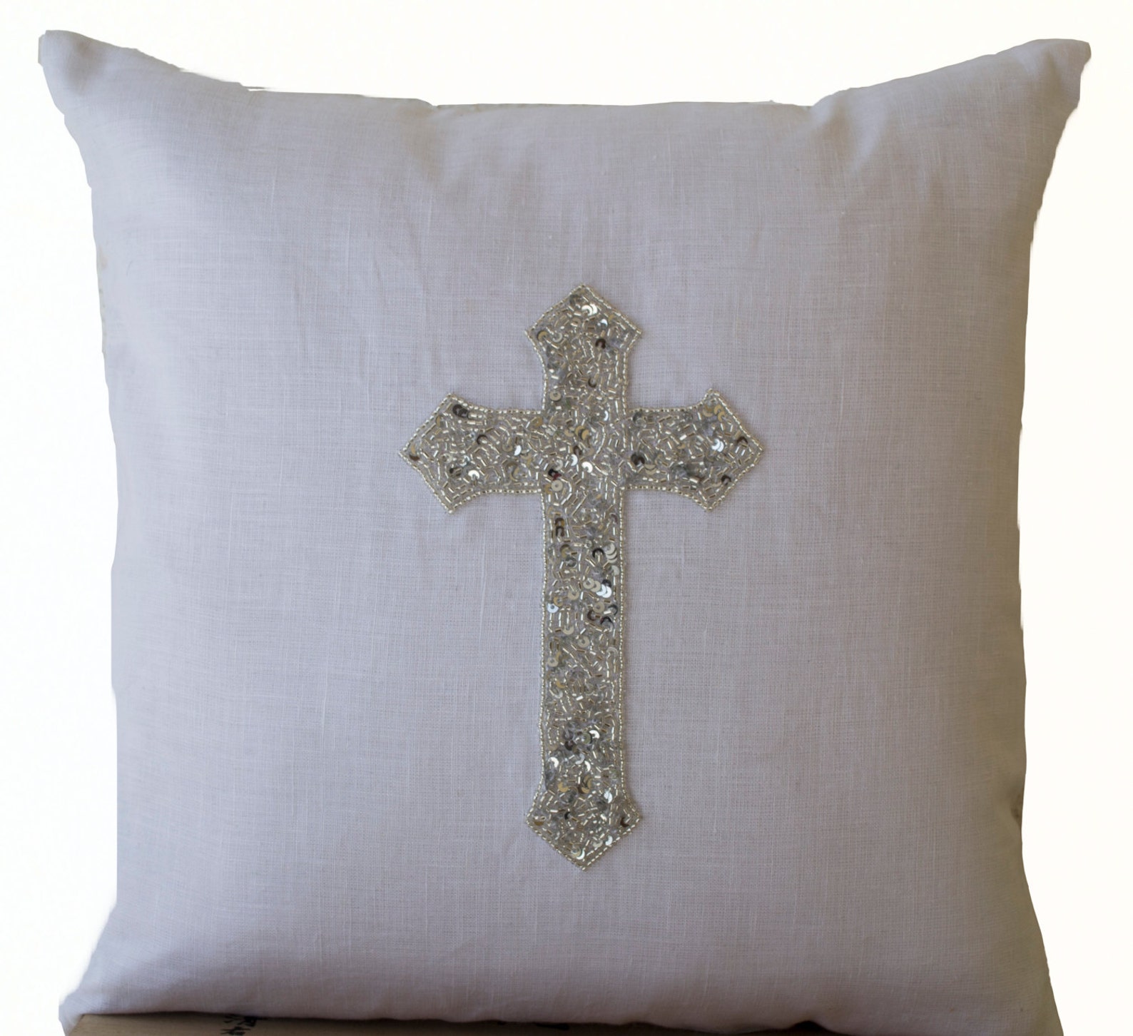 Silver Cross Pillow White Linen Pillow Cover Silver Sequin - Etsy