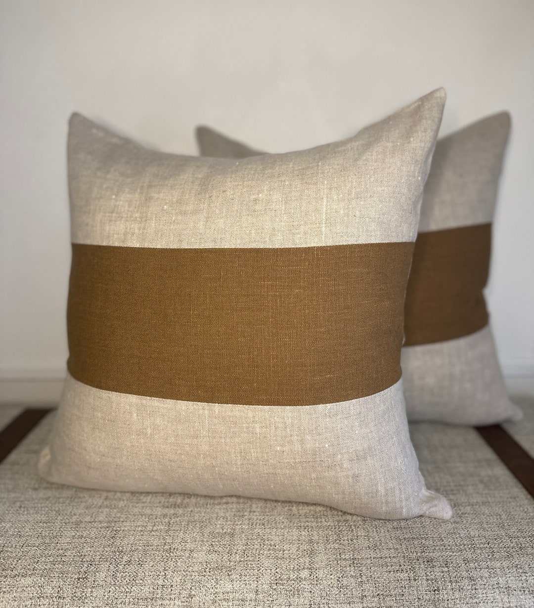 Copper and Beige Color Blocked Linen Pillow Cover, Ready to Ship - Etsy